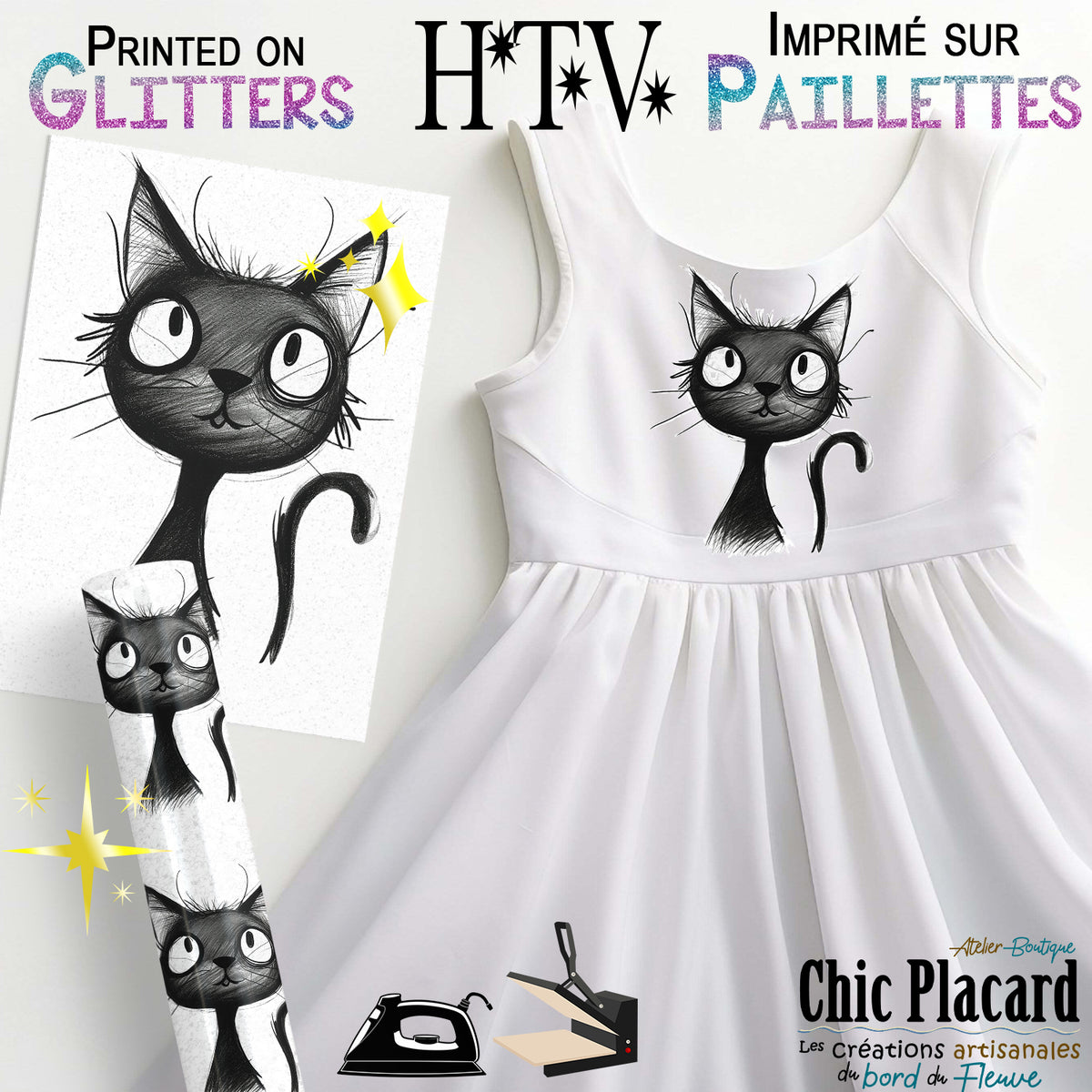 Chat noir - HTV à paillettes imprimé – Chic Placard